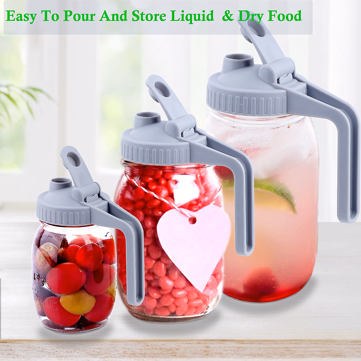 Regular Mouth Mason Jar Lids with Handle, Airtight & Leak-proof Seal, Easy Pouring Spout, Flip Cap Pour Lids,Turns your Mason Jar into Pitcher (Jar Not Included)