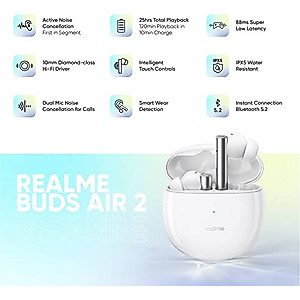 realme Active Noise Cancelling Wireless Earbuds, Buds Air 2 Hybrid ANC in Ear Headphones, Bluetooth 5.2 IPX5 Stereo Earphones, 10mm Hi-Fi Bass Boost Driver, USB C, Smart Touch Control, White