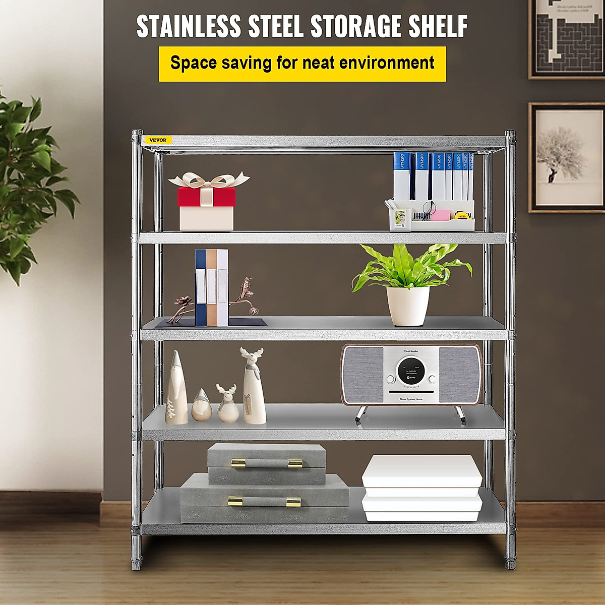 VBENLEM Stainless Steel Shelving 60x18.5 Inch 5 Tier Adjustable Shelf Storage Unit Stainless Steel Heavy Duty Shelving for Kitchen Commercial Office Garage Storage 330lb Per Shelf