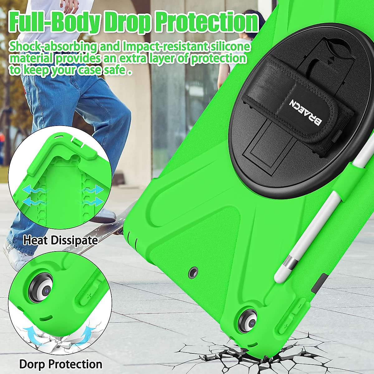 BRAECNstock for Apple iPad 9th 8th 7th Generation Case 2021 2020 2019 Shockproof iPad 10.2 Case Cover with Screen Protector Pen Holder Rotating Stand+Hand Strap Kids Case for iPad 9th 8th Gen - Green