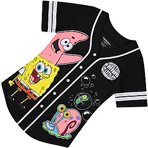 SpongeBob SquarePants Ladies Baseball Jersey - Spongebob, Mr Krabs, Squidward, Patrick Star - Mesh Button Down Baseball Jersey (Black White, Small)