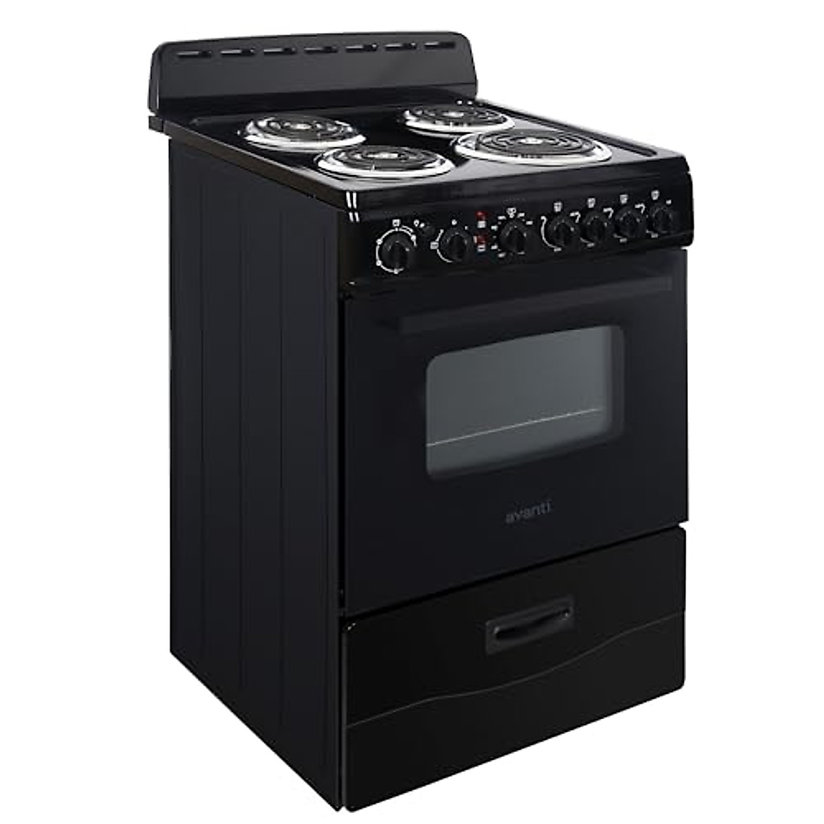 Avanti ERU240P1B Electric Range Oven Compact Design, 2.6-Cu.Ft. Capacity with 4 Coil Burners, Framed Glass Door, Storage Drawer and Broiler with Pan Perfect for Apartment RV Tiny Home, 24-Inch, Black