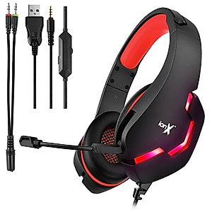 ionX Professional Wired Gaming Headset Compatible with Windows, macOS, PlayStation 5, Xbox Series S, X, Nintendo Switch, Android, and iOS, with Adjustable Boom Microphone and LED Lighting (Red)