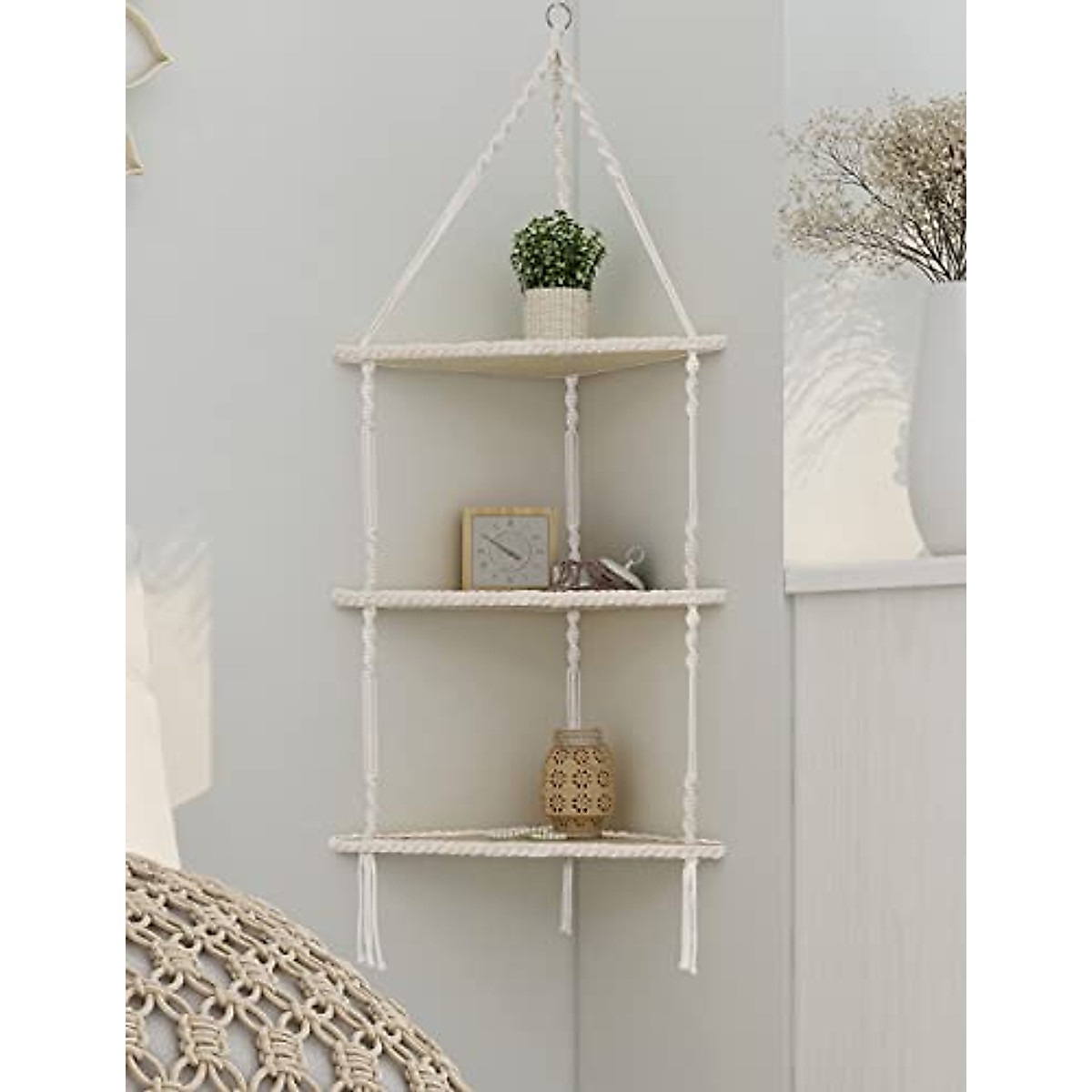 Mazjoaru Macrame Corner Shelves 3 Tier, Boho Handmade Woven White Rope Beige Hanging Floating Shelf Decor Display Storage Organizer for Bedroom Bathroom Office Living Room