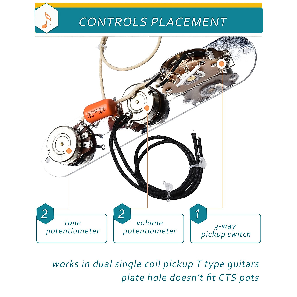 LAMSAM Fully Loaded Guitar Control Plate, Prewired 3-way Blade Switch Large Potentiometers Orange Capacitor, Knurled Volume Tone Controls Knobs Fit for Guitars with Single Coil Pickups, Chrome