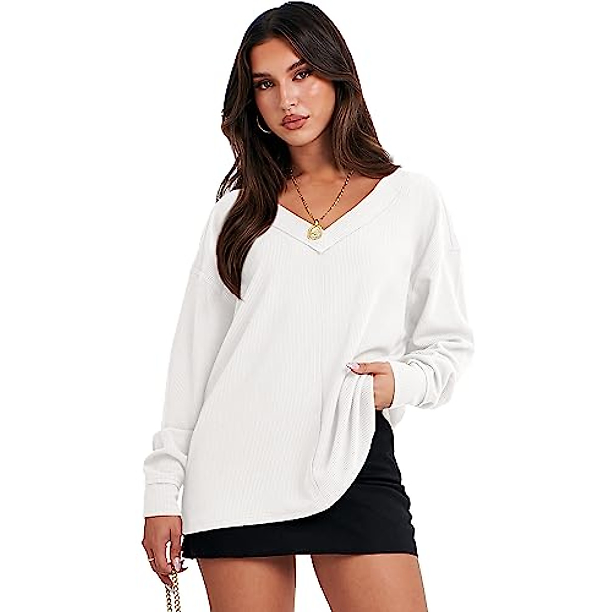 ANRABESS Women Long Sleeve Fall Shirt V Neck Off Shoulder Sweatshirt Ribbed Knit Pullover Sweater Loose Fit High Low Tunic Tops 2023 Trendy Clothes A1069baise-M White