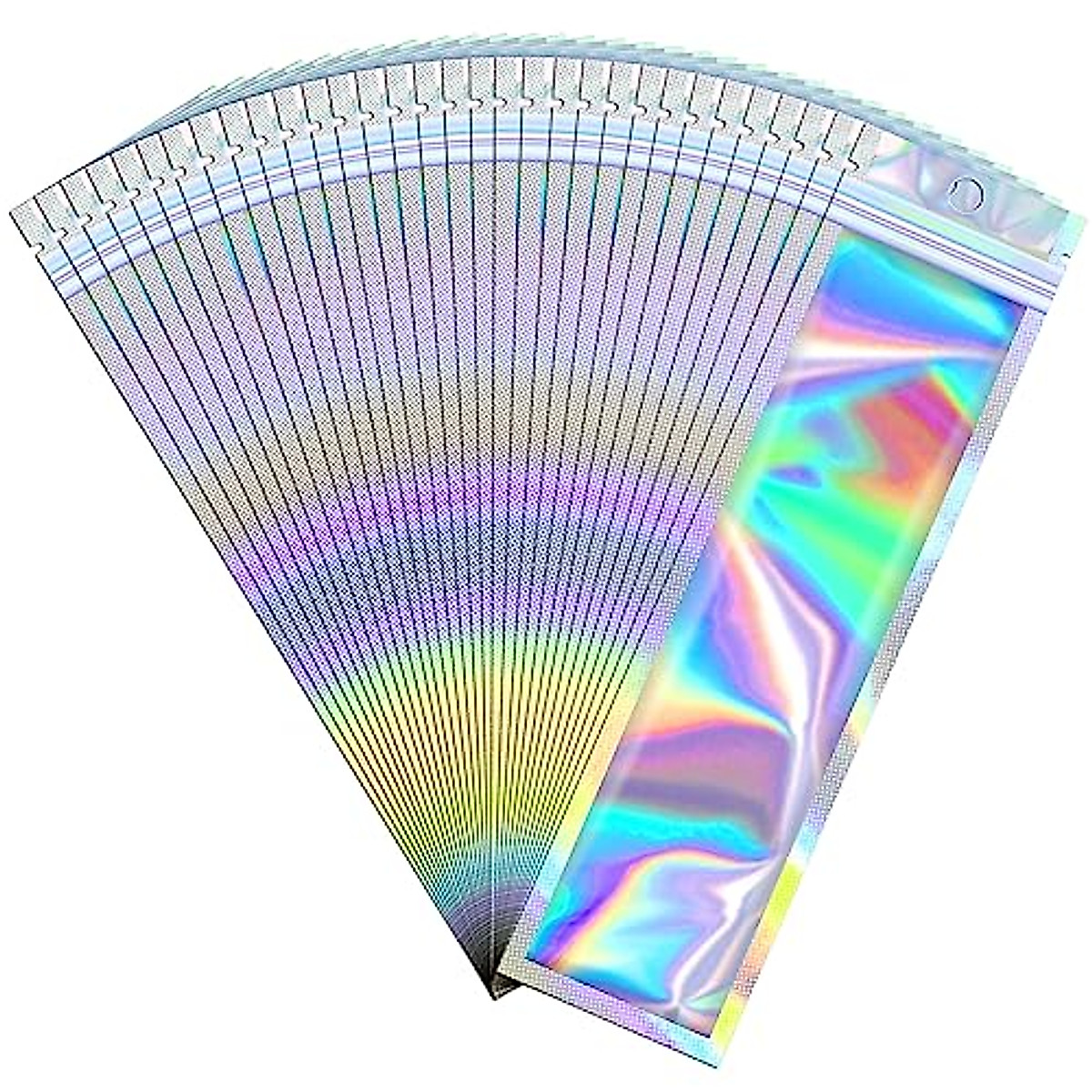 JETMORE 100 Pcs Mylar Bags, Holographic Bags, Smell Proof Bags, Resealable Bags for Small Business, Sample Bags with Clear Window, Sealable Bags for Pen, Brushes, Jewelry, Candy, Necklaces (2.4x9in)