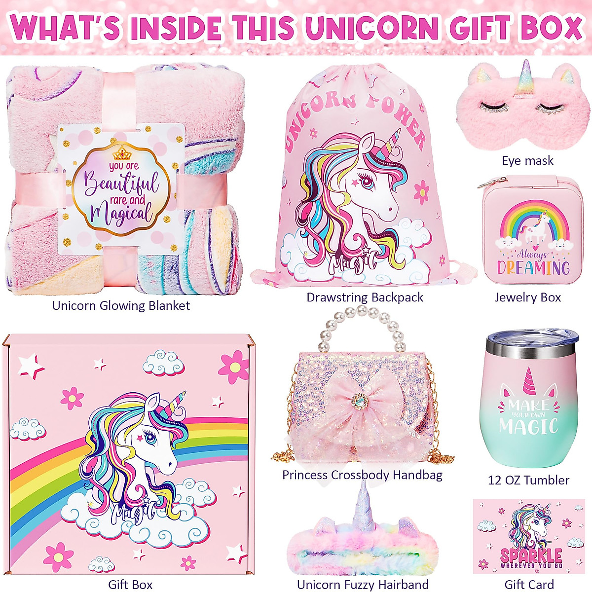 Trabuono Birthday Gift for Girls Age 6-8, Unicorn Toys for Girl Basket for 4 5 6 7 8 9 10 11 12 Year Old Kids Tween with Glow in The Dark Blanket Crossbody Bag Purse Cup Jewelry Box