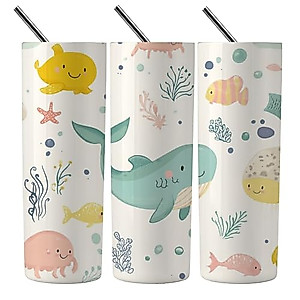 Tumbler with Lid and Straw Cute Cartoon Sea World thermos coffee travel mugcute cups 20 oz insulated tumbler for Daily Holiday Decor Gift coffee cup