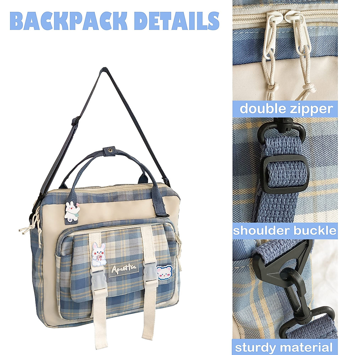 Dcepem Kawaii Backpack with Bear Pins and Plush Accessories Ita Bag Tote Back Japanese Handbag School Bag for Girls&women(blue)