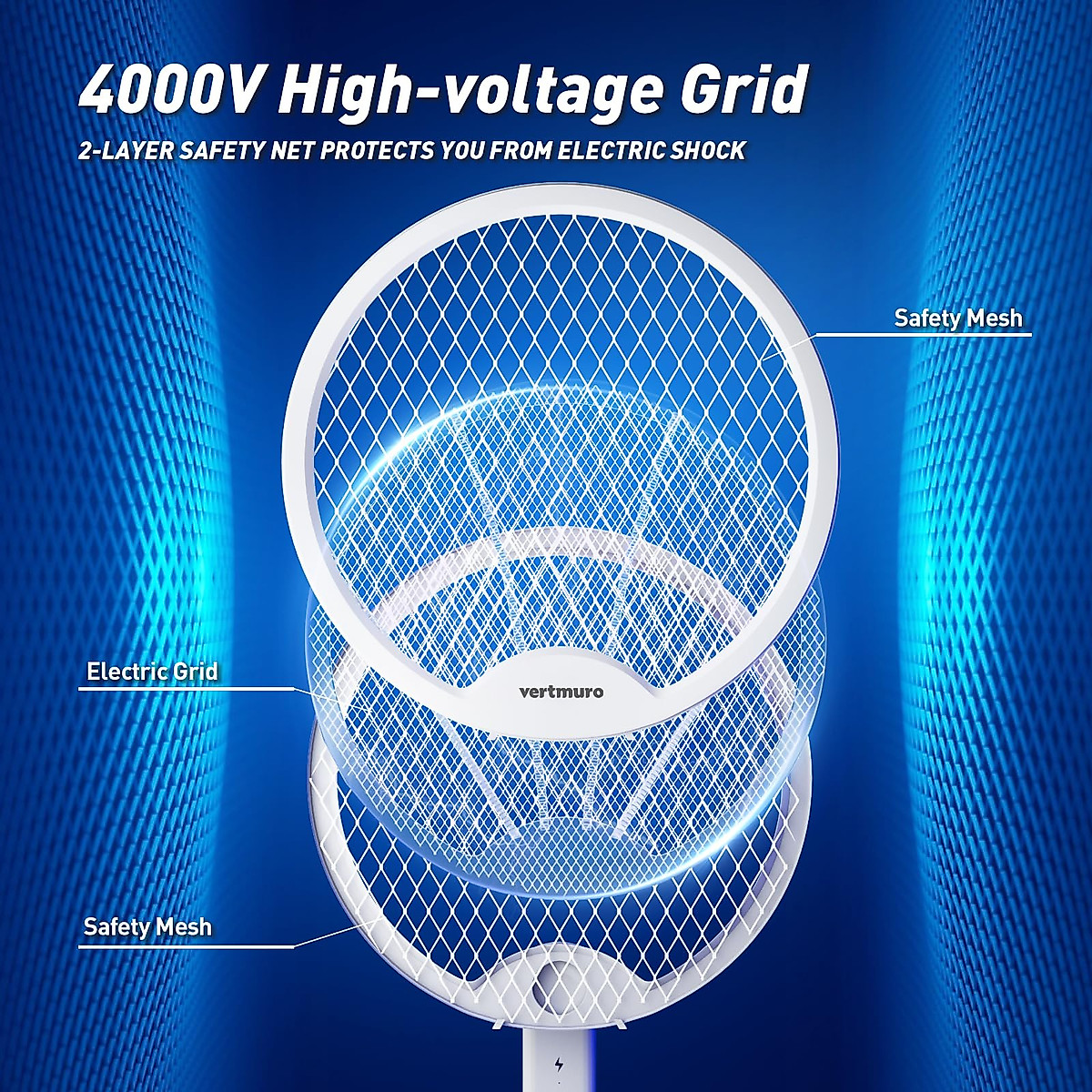 vertmuro Electric Fly Swatter, 4000V Bug Zapper Racket 2-in-1 Foldable Fly Trap with USB Rechargeable Battery, UV Light, Mosquito Killer Zapper for Indoor and Outdoor