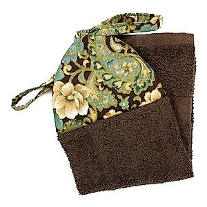 Teal and Cream Flowers and Paisley with Gold on Brown Reversible Ties On Stays Put Kitchen Hanging Loop Hand Dish Towel