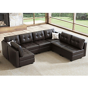HONBAY Modular Sectional Couch with Storage Faux Leather Convertible Modular sectional Sofa u Shaped Couch with Ottomans and Chaises Faux Leather 7-Seater Sectional Sofa for Living Room, Brown