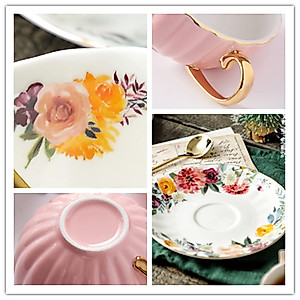 Lyellfe Set of 2 Tea Cup and Saucers, 8 Oz Floral Tea Cups with Gold Trim and Spoon, Porcelain British Coffee Cups, Cappuccino Espresso Latte Cup Mugs for Party Birthday Wedding Gifts