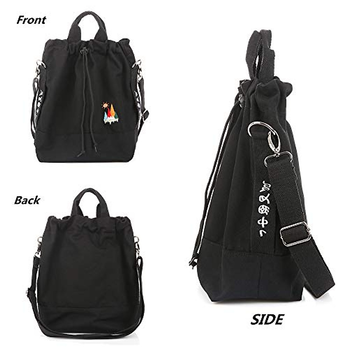 Women Canvas Tote Handbags Casual Shoulder Work Bag Crossbody Bag with Sunshine Embroidery (Black) Medium