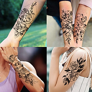 Shegazzi 63 Sheets 3D Flower Temporary Tattoos For Women Girl, 12 Sheets Realistic Sexy Rose Peony Floral Fake Tattoo Sticker Adult, 52 Sheets Small Black Snake Letter Anchor Infinity Tatoos Neck Arm