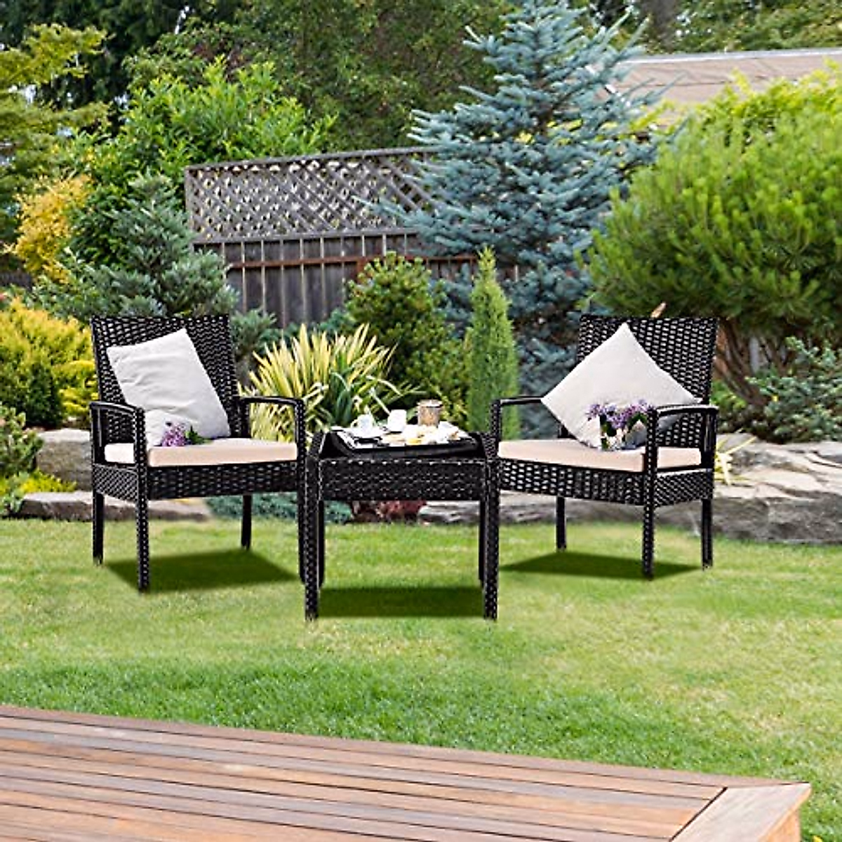 Goplus Rattan Furniture Set for Outdoor Patio Backyard Garden, 3-Piece Wicker Conversation Set