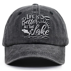Funny Lake Accessories Decorations Gifts, Lake Life Summer Hats for Women Men, Life is Better at The Lake Sun Hat, Vintage Adjustable Cotton Embroidered Boat Beach Baseball Cap