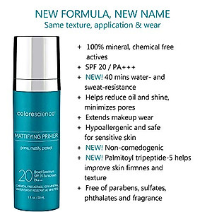 Colorescience Mattifying Perfector Face Primer, Water Resistant Mineral Sunscreen, Broad Spectrum 20 SPF UV Skin Protection, 1 Fl oz