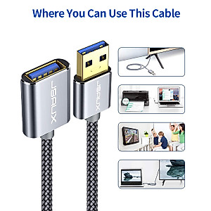 JSAUX USB 3.0 Extension Cable 3.3FT, USB A Male to Female Extension Cord Durable Braided Material Fast Data Transfer Compatible with USB Keyboard, Flash Drive, Hard Drive, Playstation, Xbox-Grey