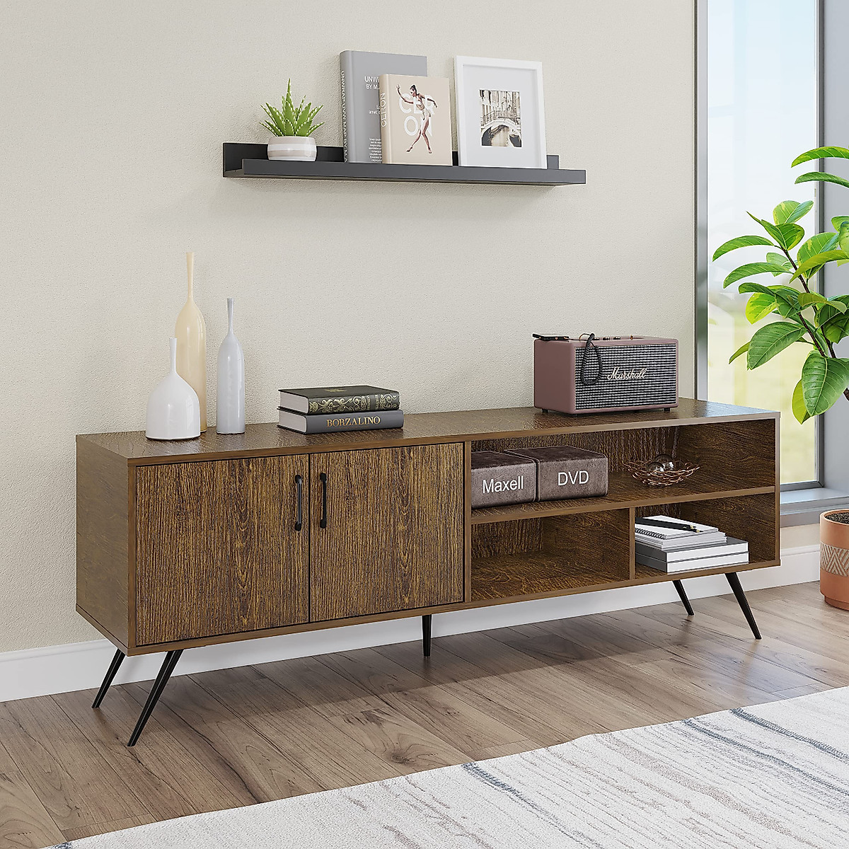 Panana 62.99" TV Stand Television Stands TV Console Unit with 3 Open Cubby and 2 Doors for Living Room Bedroom for TVs up to 70 Inches, Walnut