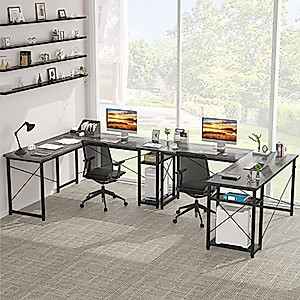 Ecoprsio L-Shaped Desk Large L Shaped Gaming Desk with Storage Shelves Oak Corner Desk Writing Study Table for Home Office Gaming Workstation, Oak and Black