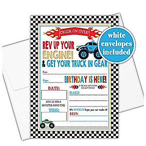 Monster Truck Birthday Party Invitations - Set of 20 with envelopes