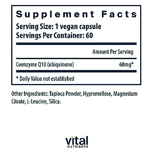 Vital Nutrients CoQ10 60mg | Vegan Supplement | CoEnzyme Q10 from Ubiquinone | Potent Antioxidant to support Heart Health and Energy levels* | Gluten, Dairy and Soy Free | Non-GMO | 60 Capsules