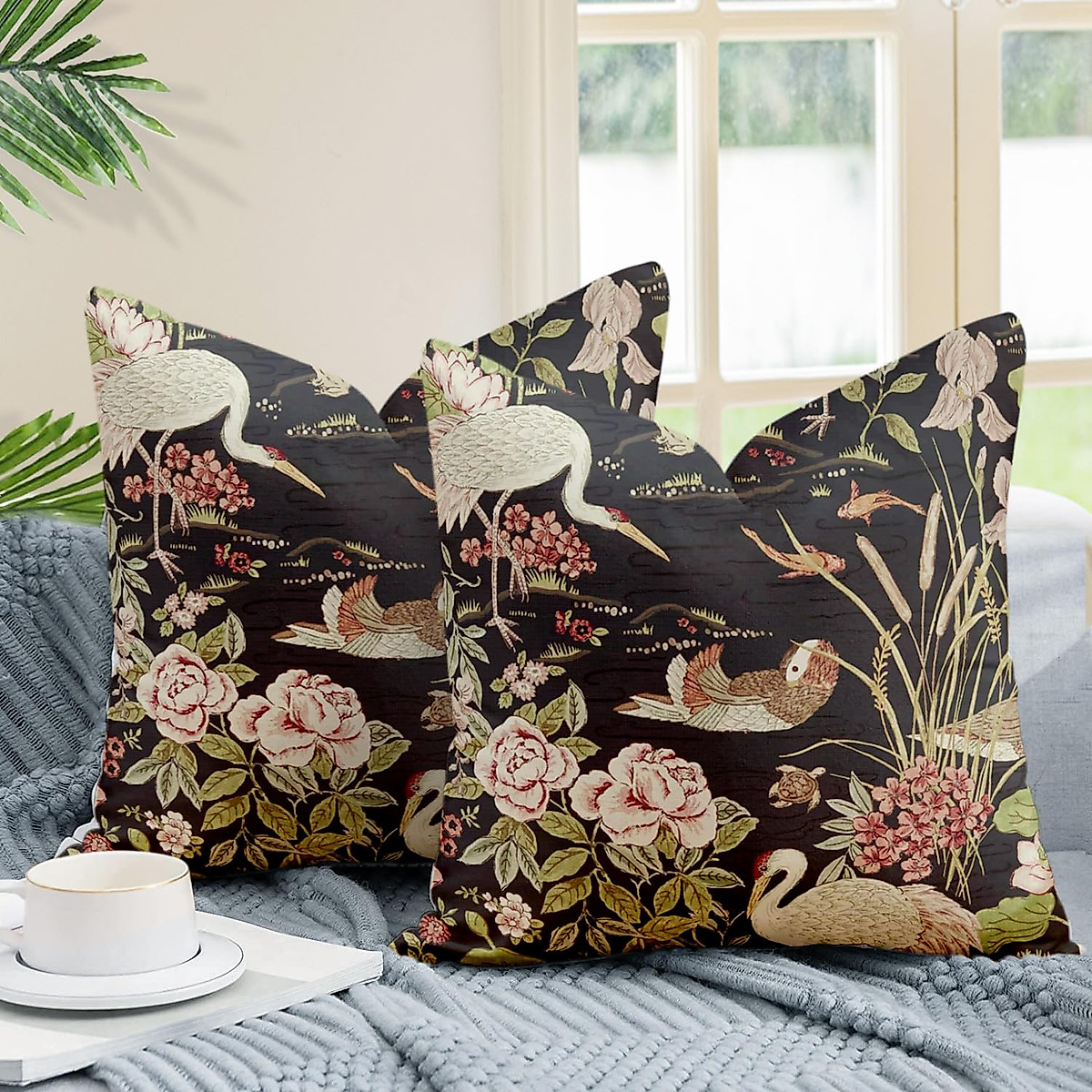HANIOKAI Chinoiserie Pillow Covers 18x18 Set of 2,Red and White Pillow Covers Outdoor Decorative Linen Throw Pillow Covers for Couch Bed Sofa Cushion Birds Flowers Pillowcases (Black and White)