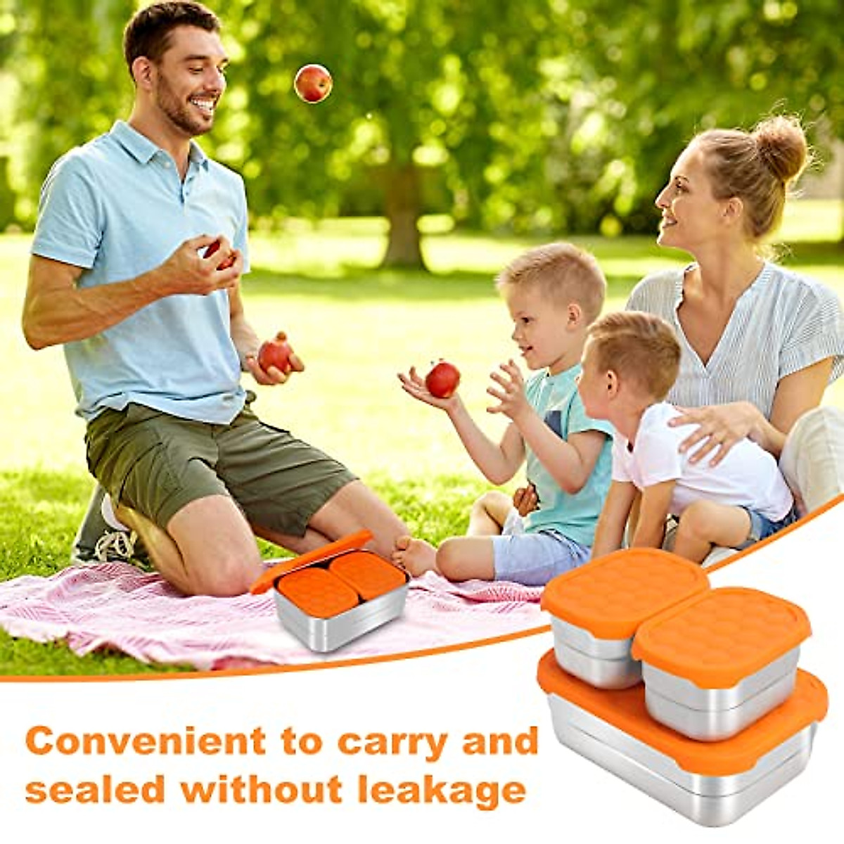 Hosercap Stainless Steel Lunch Snack Containers for Kids - Leak Proof 304 Stainless Steel Food Containers with Silicone Lids Metal Lunch Box Containers for Toddlers Kids (25oz+8oz*2, Set of 3)