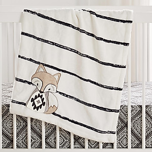 Levtex Baby - Bailey Plush Blanket - Appliqued and Embroidered Fox on Striped Plush - Charcoal, Taupe, White - Nursery Accessories - Blanket Size: 30 x 40 in.