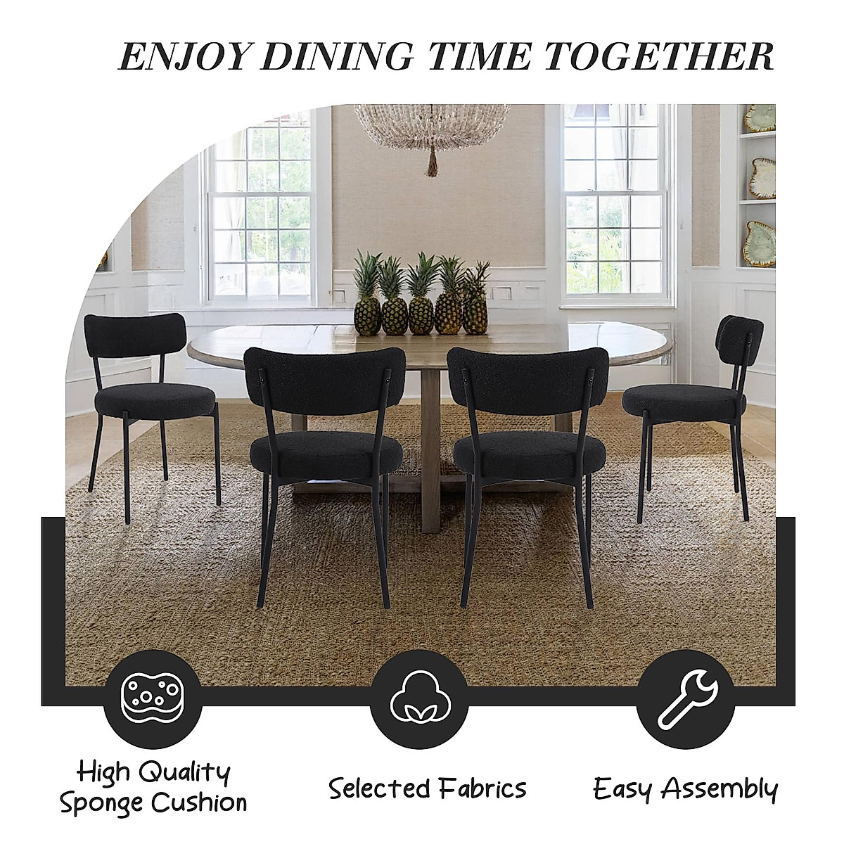 Black Boucle Dining Chairs Set of 4, Mid-Century Modern Sherpa Dining Chairs, Upholstered Kitchen Dining Room Chairs with Curved Backrest Black Metal Legs for Living Room/Kitchen