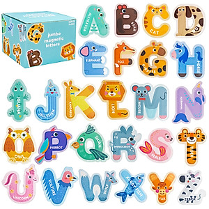 Jumbo Magnetic Letters ABC Alphabet Magnets Colorful Animal Shape Toys Fridge Magnet Uppercase Refrigerator for Kids Educational Preschool Learning set Spelling Games for Toddlers 3 4 5 Years Old