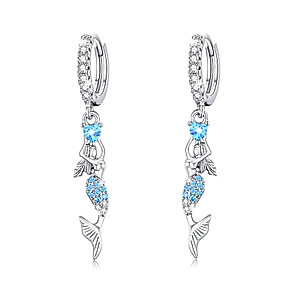 Cuoka Mermaid Earrings 925 Sterling Silver CZ Mermaid Dangle Drop Earrings,Hawaii Mermaid Hoop Earrings Jewelry for Women Mermaid Lovers
