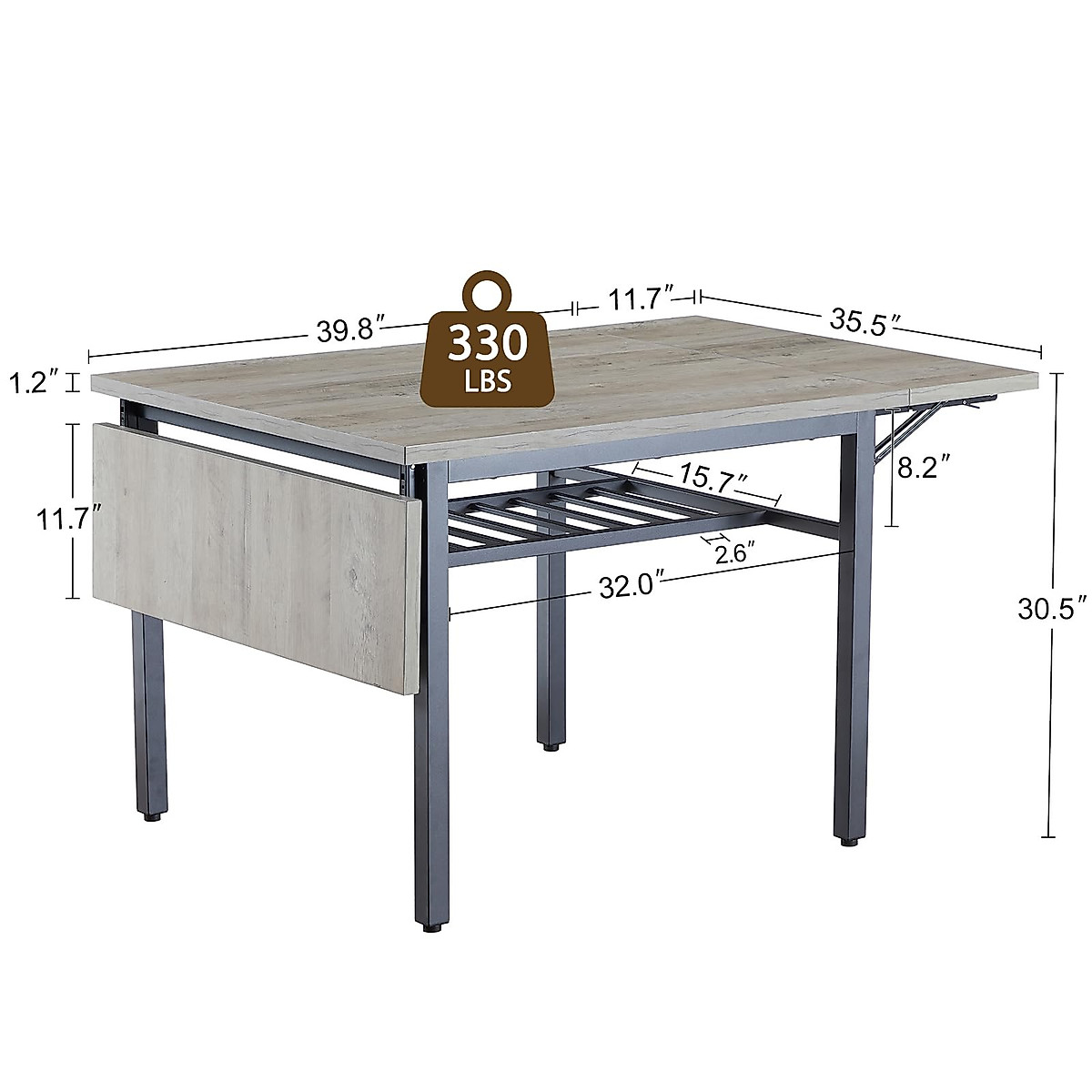 Suheww Folding Dining Table, Drop Leaf Tables with Metal Storage Racks, 63.2” Industrial Extendable Compact Kitchen Table for Apartment, Small Spaces, Seats 2-6 People, Grey