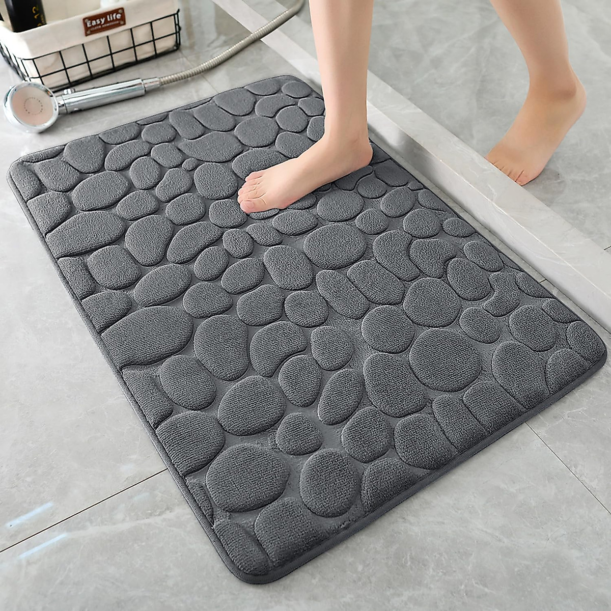 YIHOUSE Memory Foam Bath Mat Cobblestone Bathroom Rugs Super Water Absorbent Machine Washable Bath Rugs(17x24,Dark Gray)
