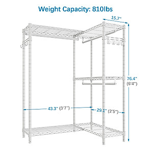 VIPEK L4S Garment Rack L Shaped Clothes Rack for Corner, Freestanding Portable Wardrobe Closet Heavy Duty Clothing Rack with 3 Hanging Rods & 2 Side Hooks, 43.3"Lx29.1"Wx76.4"H, Max Load 810LBS, White