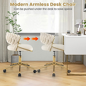 COSTWAY Velvet Office Desk Chair, Upholstered Makeup Vanity Chair w/Woven Back & Gold Base, Height Adjustable Swivel Computer Task Chair, Home Office Chair w/Wheels for Bedroom Study (Beige)