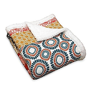 Lush Decor Bohemian Stripe Sherpa Throw Blanket, 60" by 50", Turquoise & Orange