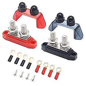 RECOIL S2P-38 Busbar Dual 3/8” Studs Terminal Power Distribution Block with Ring Terminals Pair Red & Black