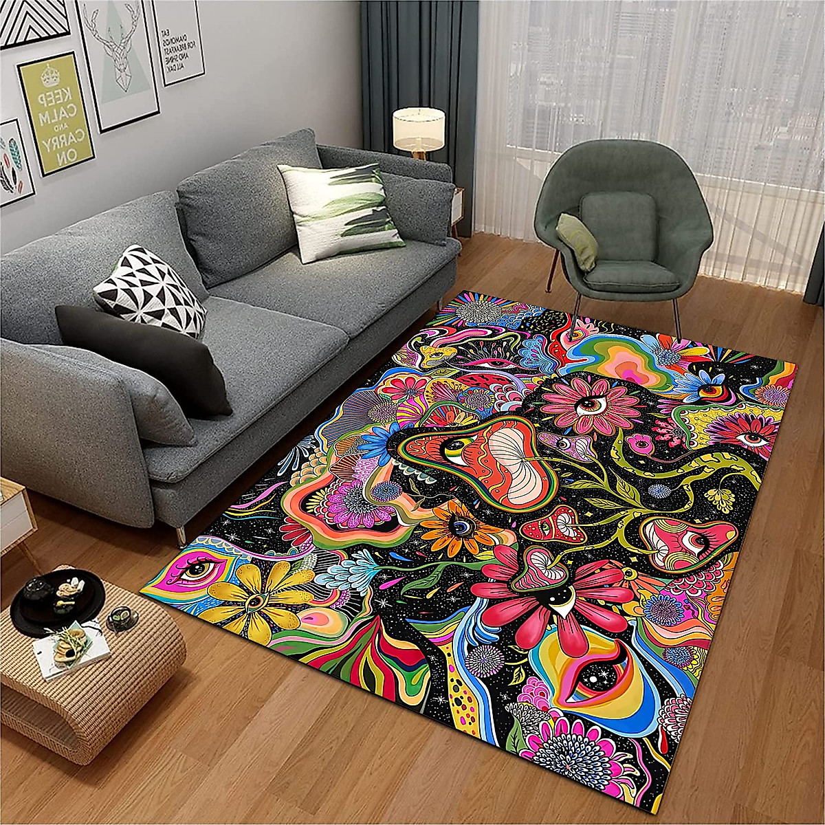 LGGQQW Mushroom Area Rug Trippy Trug Cute Flower Rug Colorful Hippy Carpet for Bedroom