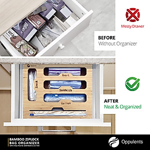 Oppulents Bamboo Ziplock Bag Storage Organizer for Kitchen Drawer with Foil/Plastic Dispenser and Cutter Suitable for Gallon, Quart, Sandwich & Snack Sizes Magnetic Closure Multipurpose Organizer