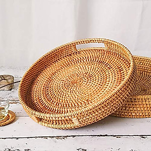 WUWEOT Rattan Serving Tray, Round Woven Wicker Basket, Decorative Rustic Table Tray with Handles for Serving Dinner, Parties, Breakfast, Coffee Tea, Drinks, Snack, 12 Inch