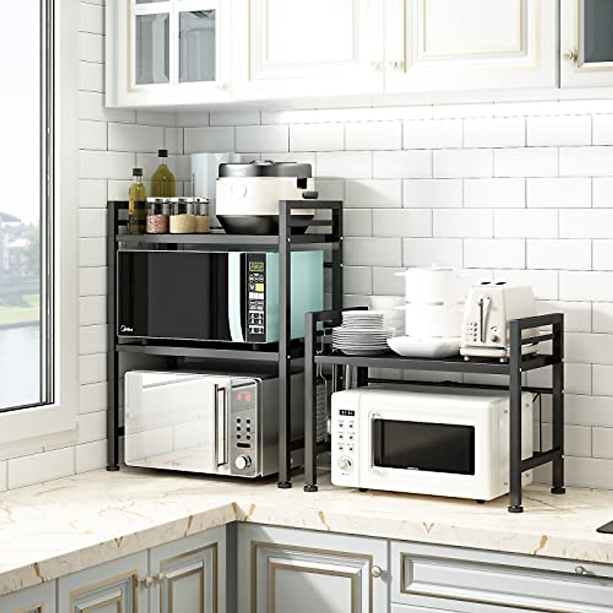 DOLALIKE Microwave Oven Rack, Expandable Microwave Stand Countertop Kitchen Utensils Tableware Storage, Carbon Steel Over Microwave Shelf Countertop 3 Tier with 3 Hooks