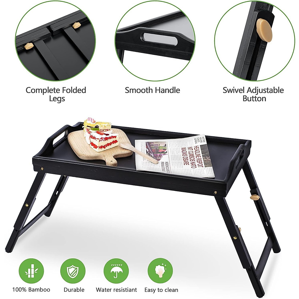 Mayyol Large Breakfast Bed Tray for Eating - Height Adjustable Raised Food Table - Bamboo Serving Tray on Lap Sofa - Portable Snack Platter with Folding Legs Ideal for Bedroom Picnic - Black
