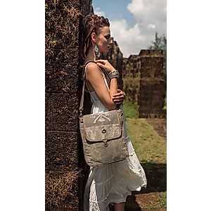 Myra Bags 1897 Upcycled Canvas Crossbody Bag S-1050, Tan, Khaki, Brown, One_Size