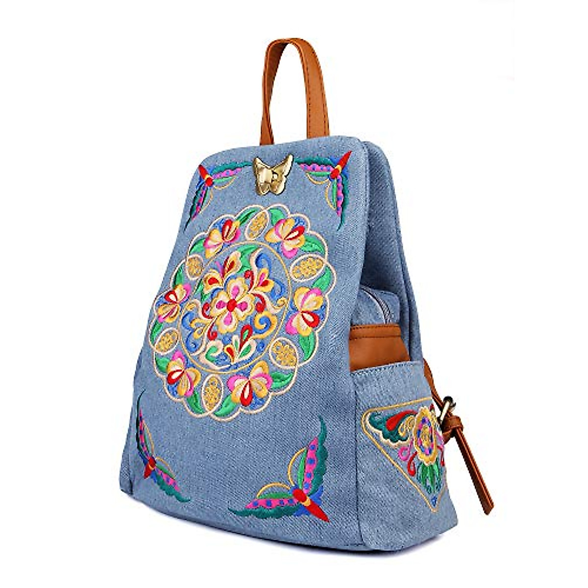 Jursccu Denim Embroidered Floral Canvas Backpacks for Women Anti theft Retro Jeans Travel Ethnic Style Shoulder Bag one-size