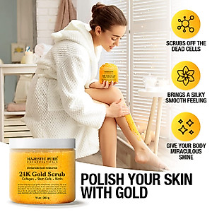 MAJESTIC PURE 24k Gold Scrub with Collagen and Biotin | Exfoliating Body Scrub for Skin Care, Stretch Marks, Acne, Cellulite | Body Scrub Exfoliator |10 oz