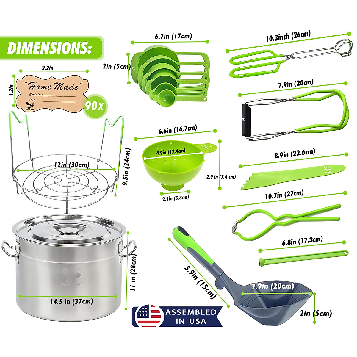 Canning kit + Canning Rack + X-Large Ladle +Measuring Cups, Canning Funnel, Tongs, Jar Lifter, Lid Lifter, Bubble Popper, 90x Labels - Canning Supplies - Canning Supplies Starter Kit (Large +)