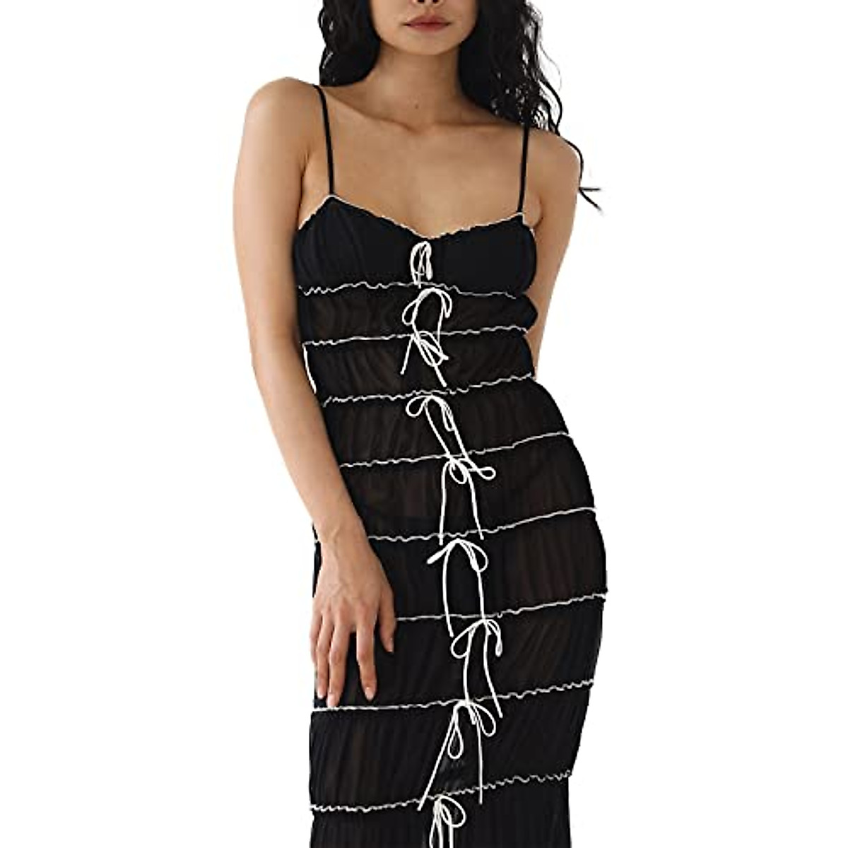 Faretumiya Y2k Ruched Strap Dress for Women Sleeveless Low Cut Cami Bodycon Layered Short Dress Casual Summer Going Out Dress(Long Black,Small)
